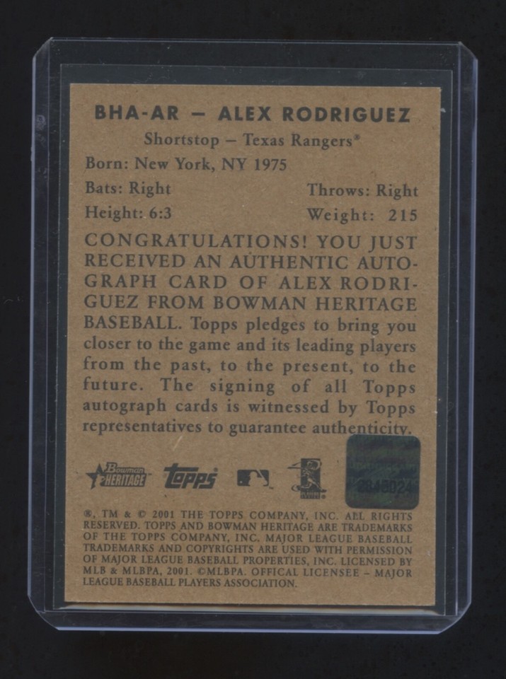 2001 BOWMAN HERITAGE ALEX RODRIGUEZ AUTOGRAPH SP AUTO ON CARD. RARE HOF ...