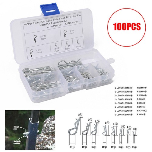 100Pcs Cotter Pin Hairpin R Clips Assortment Kit Spring Steel + Zinc ...