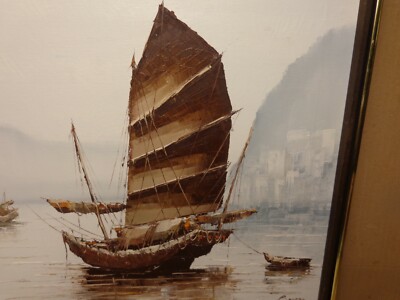 P.WANG SIGNED ORIGINAL HARBOR FISHING JUNK BOAT OIL PAINTING 1975 21-1 ...