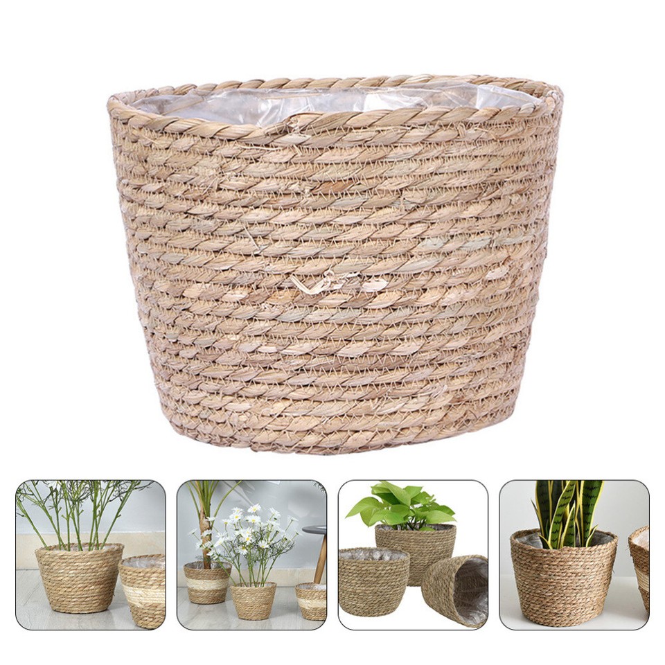 Straw Planter Basket Woven Flower Buckets Seagrass Plant Pot Wicker ...