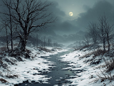 Moonlit Snowy Stream and Bare Trees in Winter Landscape Poster Print | eBay
