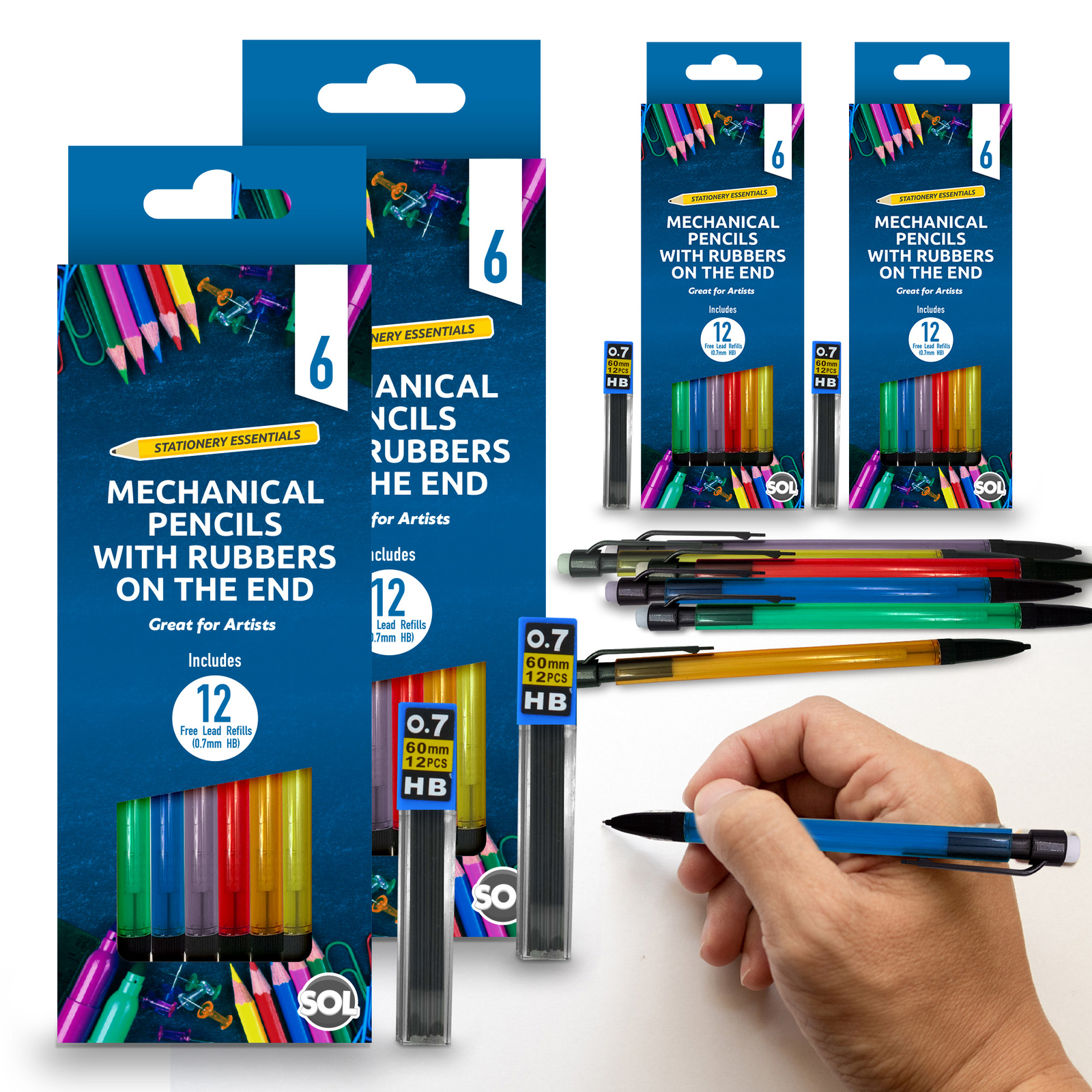 6/12pk Mechanical Pencils Set + 12/24 HB Lead Refills 0.7mm + Erasers ...