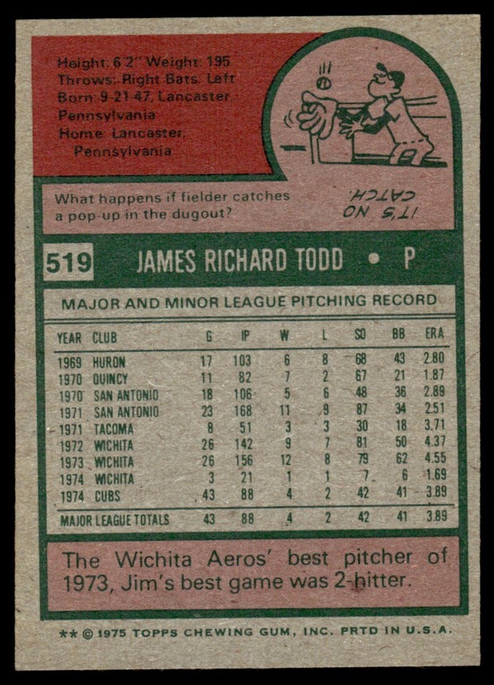 1975 Topps JIM TODD #519 Chicago Cubs Rookie RC Sharp, no creases | eBay