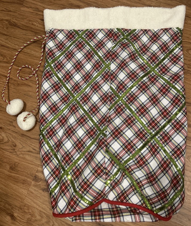 FRONTGATE Jumbo Plaid Santa Sack Faux Fur Trim Sequin Christmas Gift ...