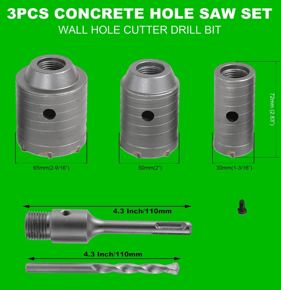 Concrete Hole Saw Set 5Pcs Kit with 30,50,65mm Wall Hole SDS Cement ...