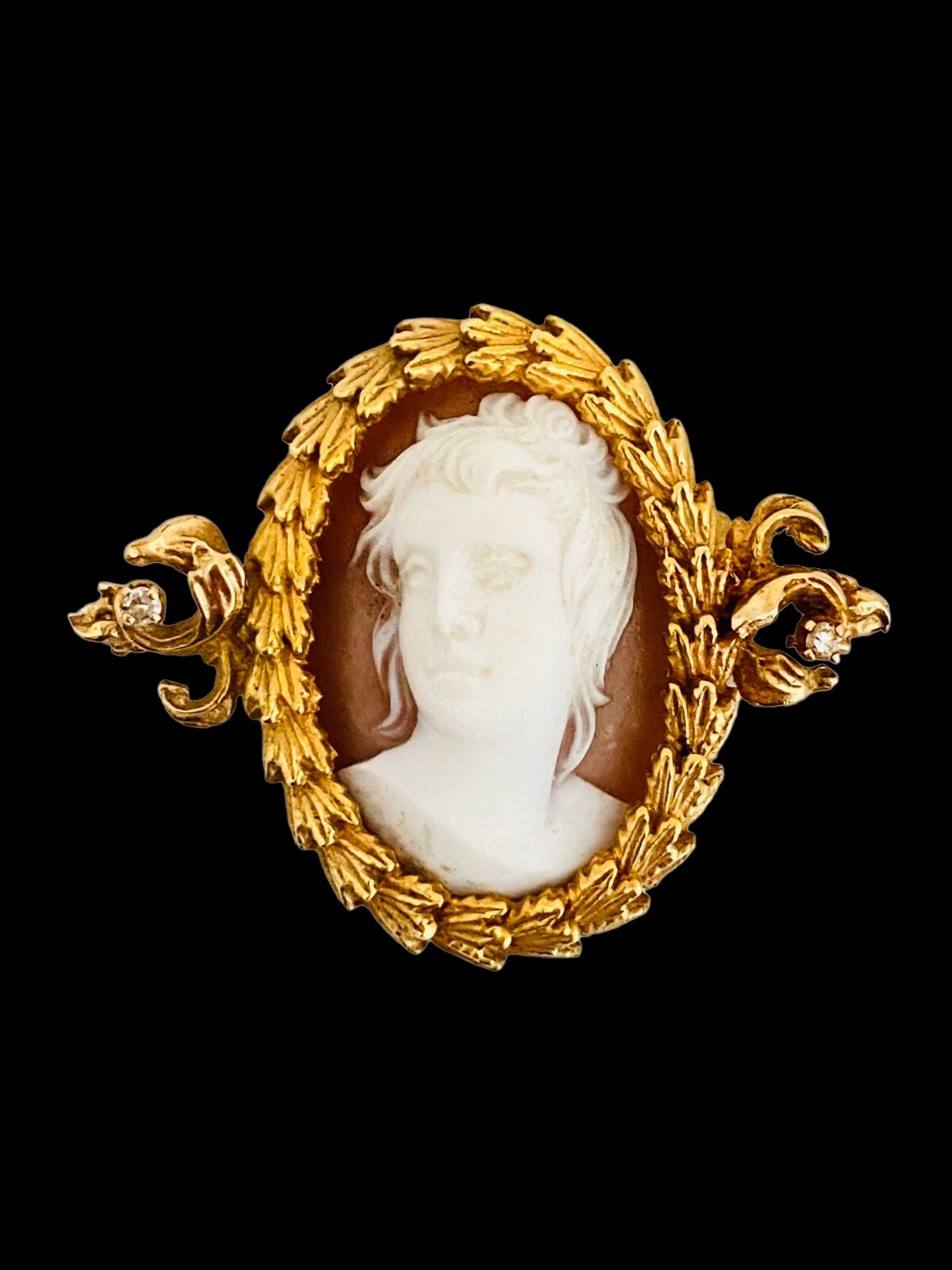 14k antique high relief cameo brooch with diamonds - Gem