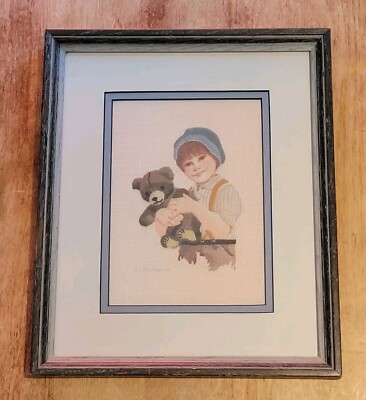 VTG Jan Hagara Boy Brian & Teddy Bear Completed Needlepoint Signed Art ...