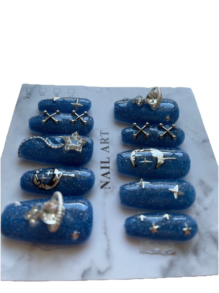 ORIGINAL LUXURY Gel Press On Nails, Blue Gold Flakes Coffin, 10p W/ kit ...