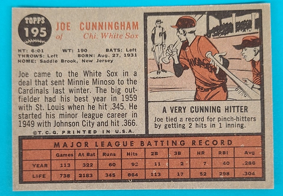 1962 Topps #195 Joe Cunningham Chicago White Sox BASEBALL Card AB | eBay