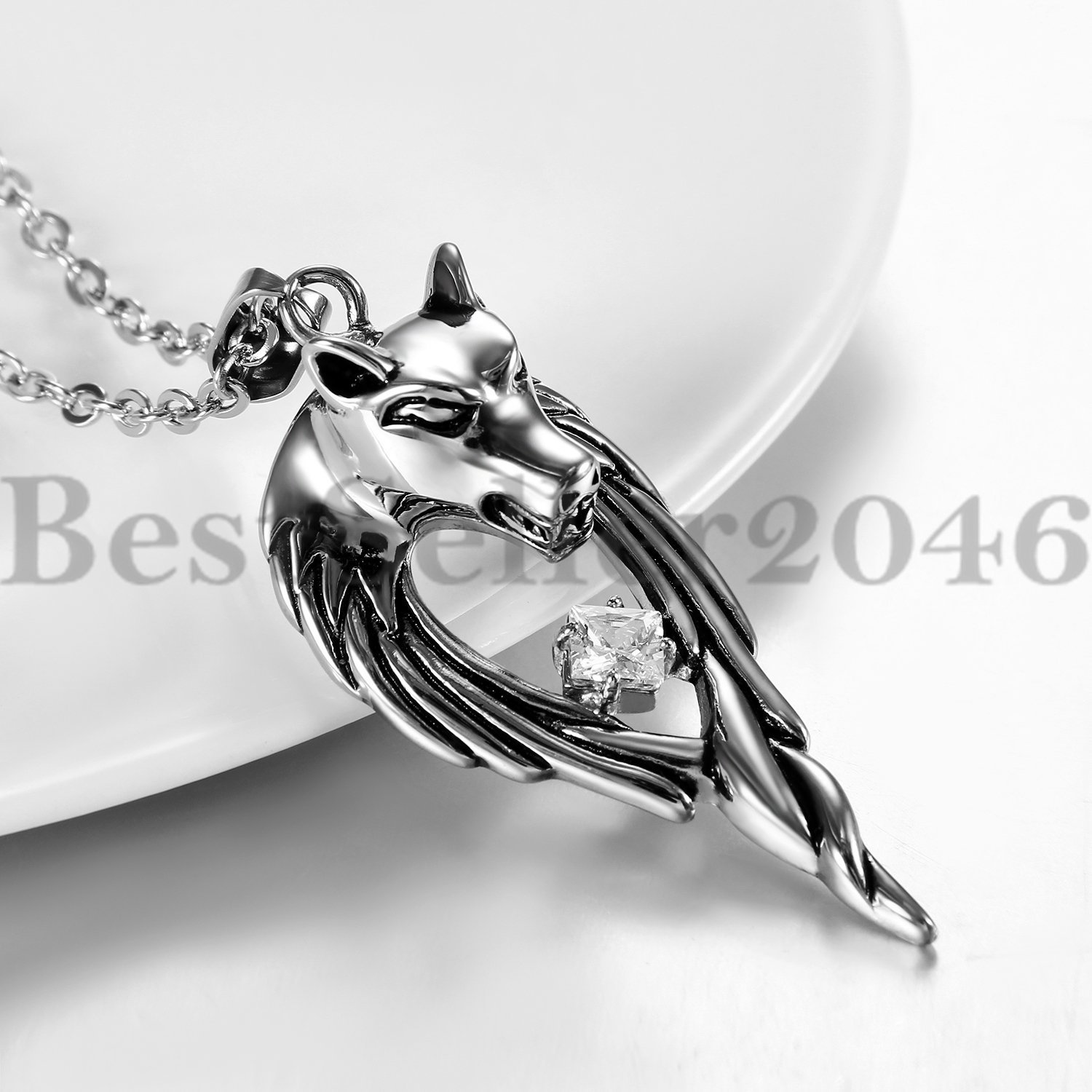 Mens Wolf Head Angel Wing Hug CZ Pendant Stainless Steel Chain Necklace ...