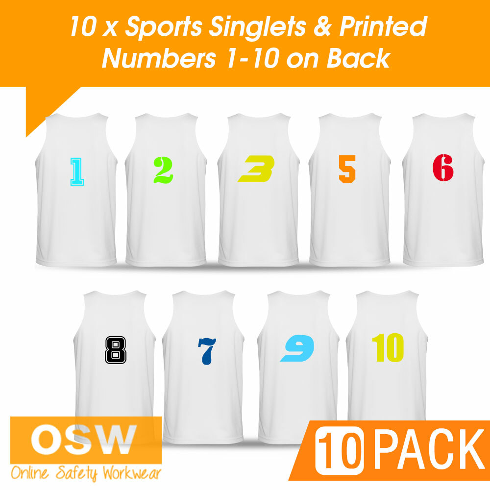 10 x Unisex White Mens Womens Basketball Oztag Sports Singlets & Number ...