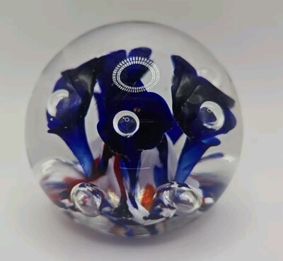 VTG Glass Paperweight Joe Rice Red White Blue Floral Pre-owned | eBay