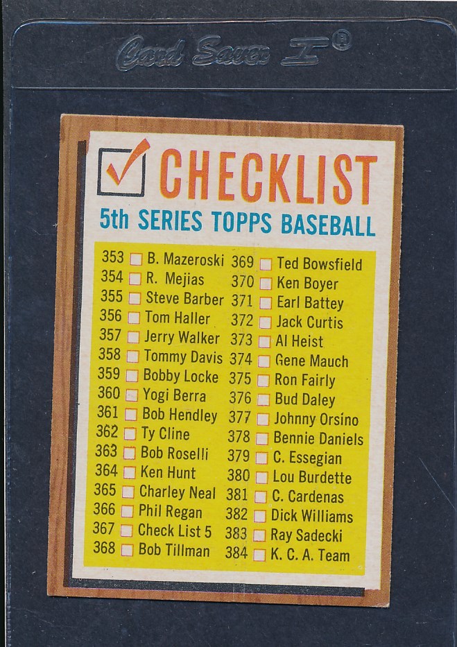 1962 Topps #367 5th Series Checklist VG/EX 62T367-50916-1 | eBay