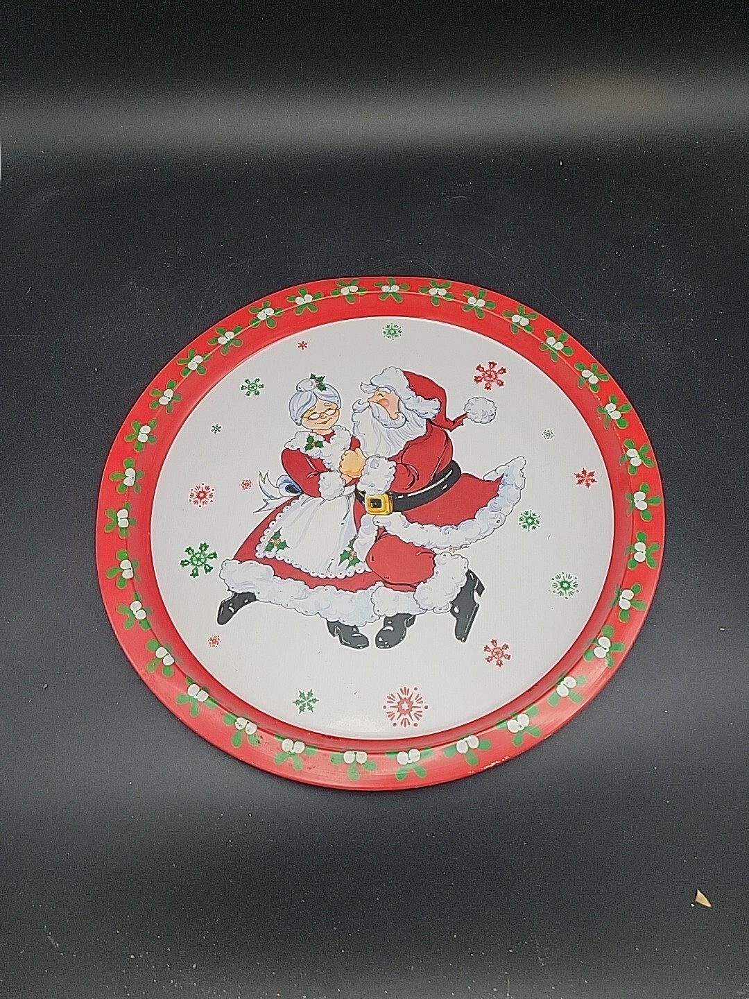 Vintage GIFTCO INC 1981 Metal Round Christmas Serving Tray Santa & Mrs ...