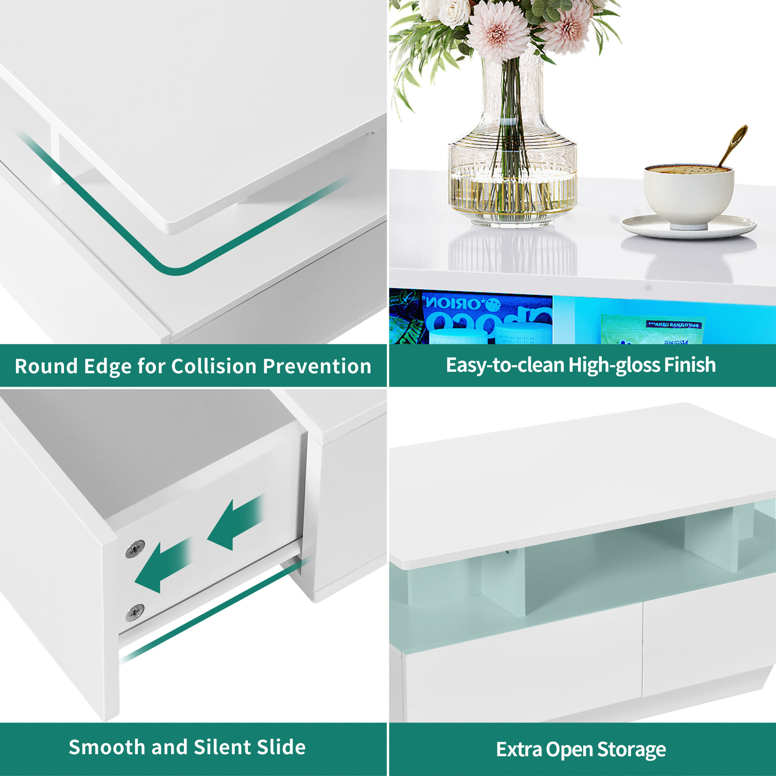 High Gloss Coffee Table Center Cocktail Table with LED Lights & Sliding ...