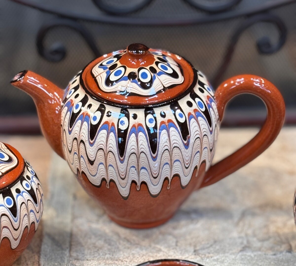 Vtg Bulgarian Folk Art Troyan Redware Pottery Tea Set with five cups ...