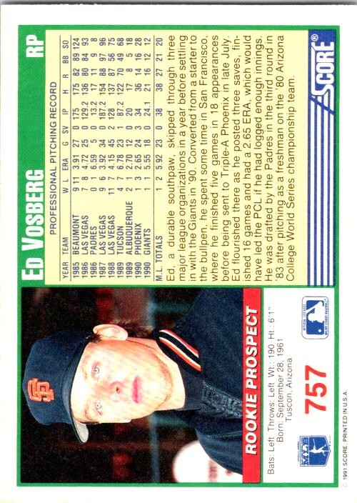 1991 Score Ed Vosberg Rookie #757 San Francisco Giants | eBay