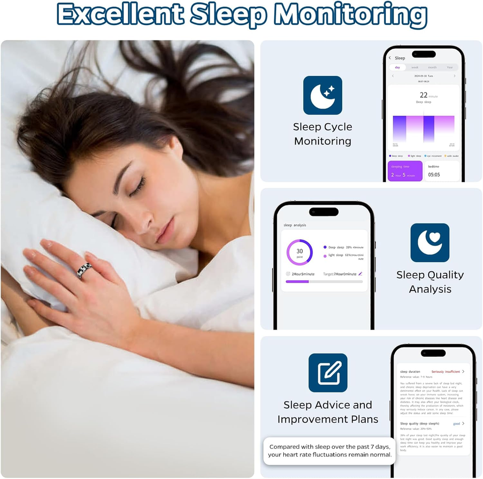 Sleep Tracker Ring - Waterproof Fitness Monitor with Heart Rate & Air ...