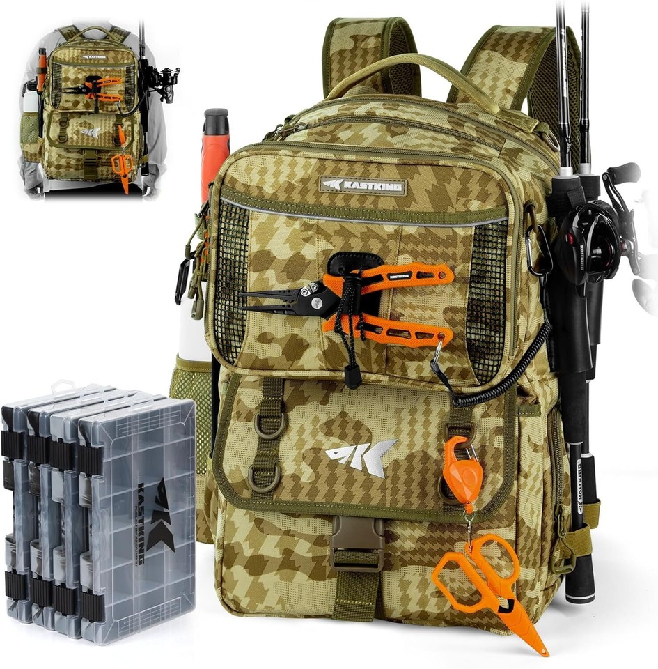 KastKing 50L Tackle Backpack Fishing Gear W/ 4 Boxes Bait Binder Rod ...