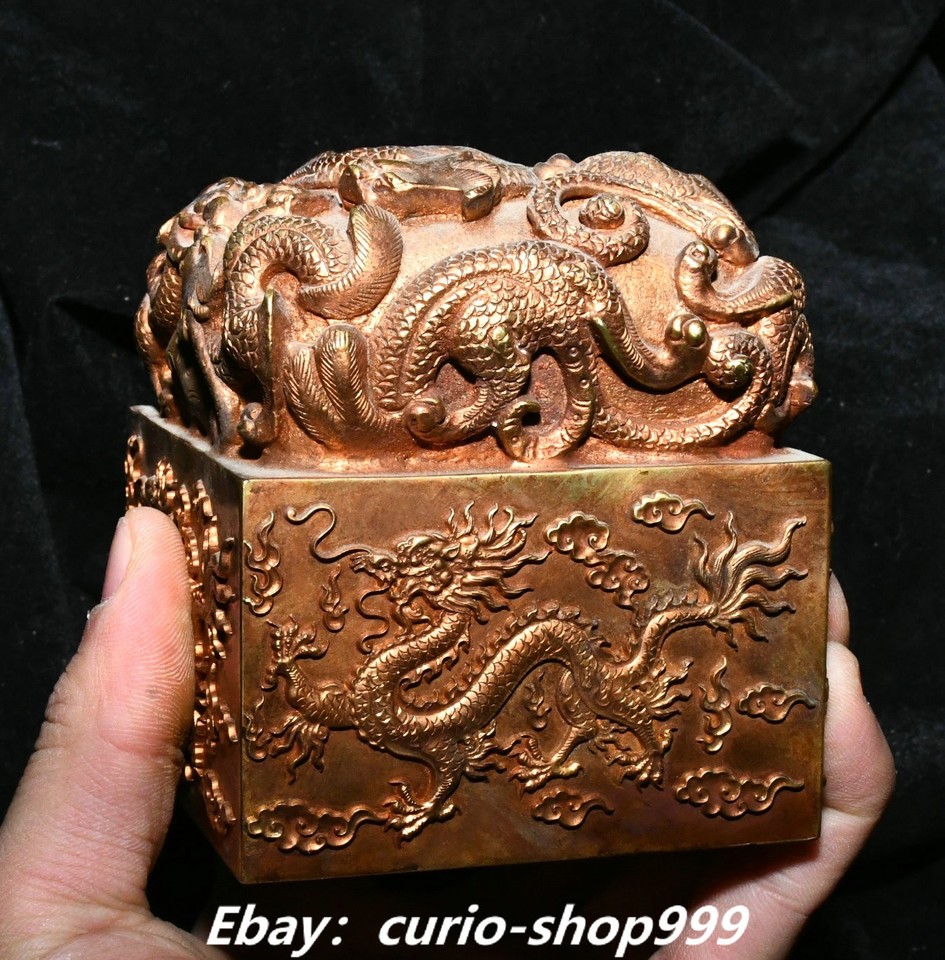 3.5" Old Dynasty Pure Bronze Gold Dragon Loong Beast Animal Seal Stamp ...