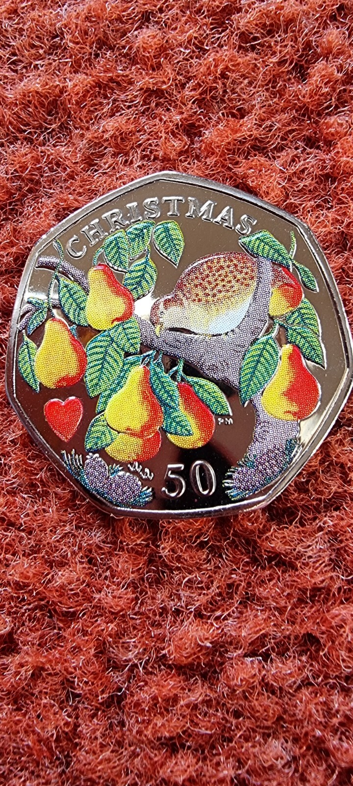 Isle Of Man 2005 Christmas Coloured 50p Coin Partridge In A Pear Tree ...