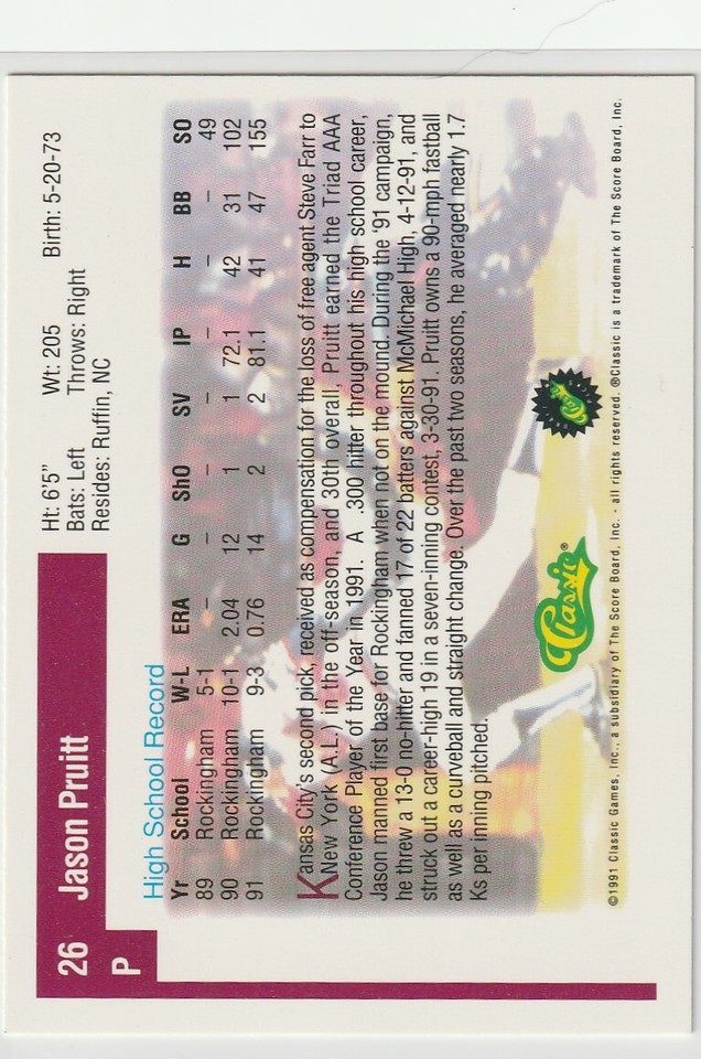 Jason Pruitt Rockingham H. S. Pitcher 1991 Classic Draft Picks Card ...