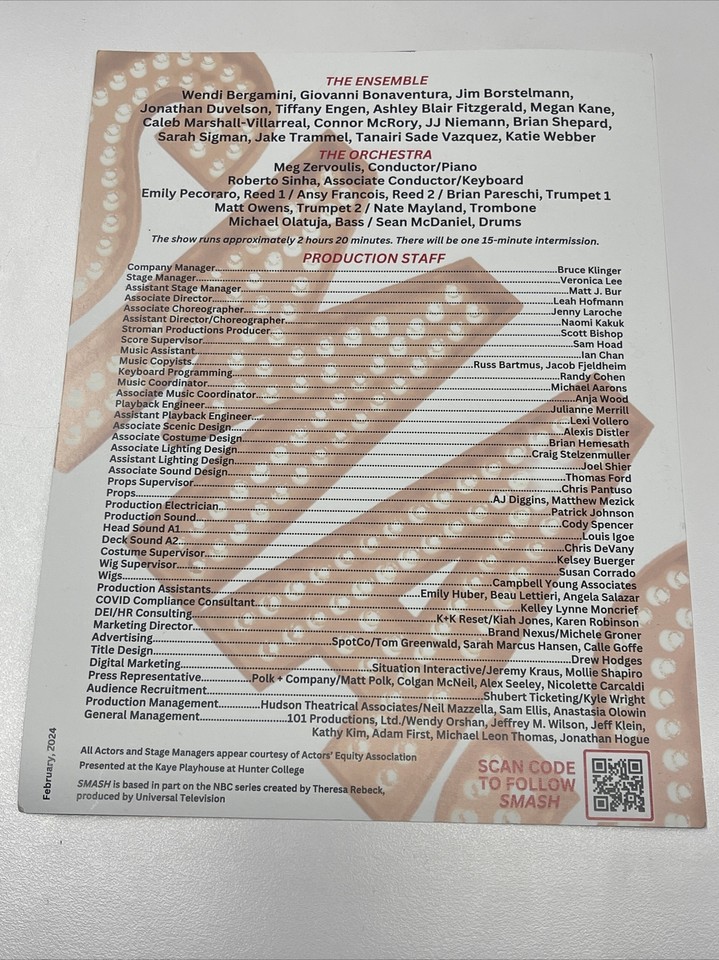 SMASH Musical PRE-BROADWAY Program/ Playbill Card! ROBYN HURDER Alex ...