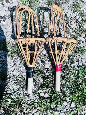 Vintage Bamboo Wicker Rattan Woven Ball Toss Game Scoops Racket Set of ...