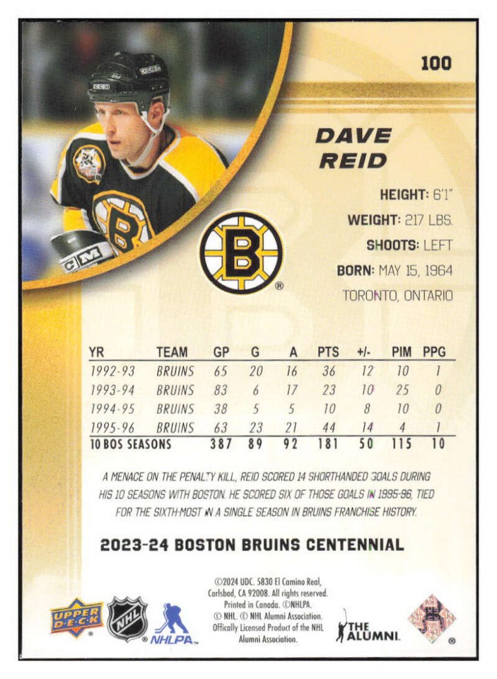 Dave Reid 2023-24 Upper Deck Boston Bruins Centennial #100 NHL Box Set ...
