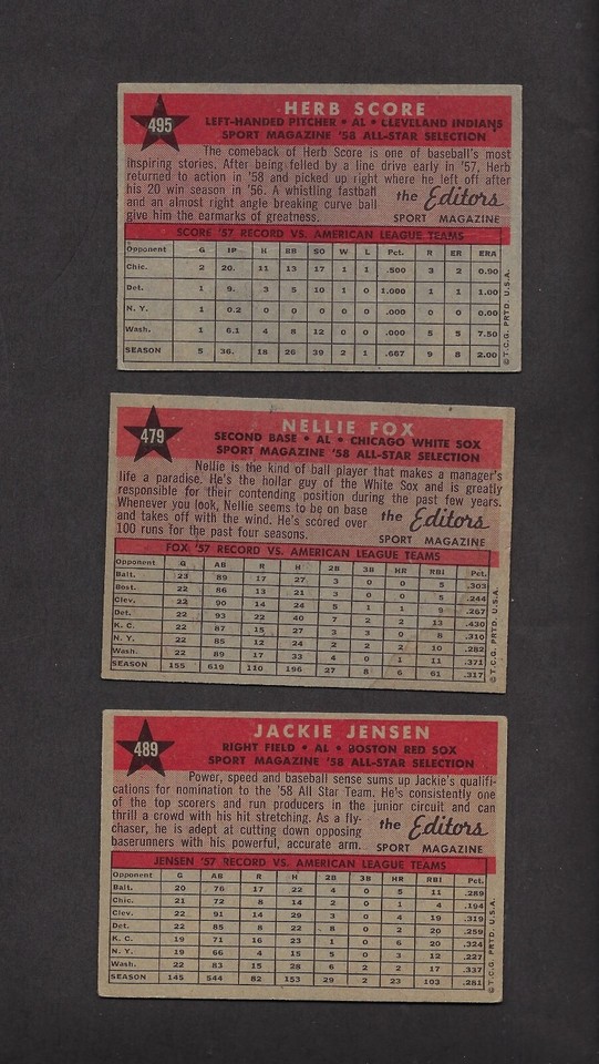 Lot three 1958 Topps All Stars, Score 495, Jensen 489, & Fox 479 VG to ...