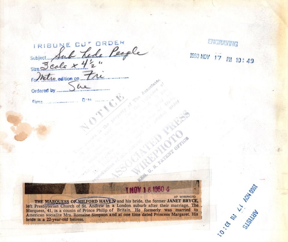 1960 Marquess Milford Haven Janet Bryce Wedding London Rare Press Photo ...