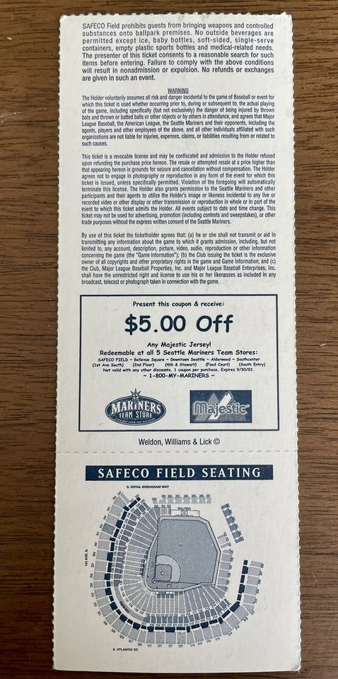 2001 Seattle Mariners Ticket Stub 116th Win Record 10/06/01 ...