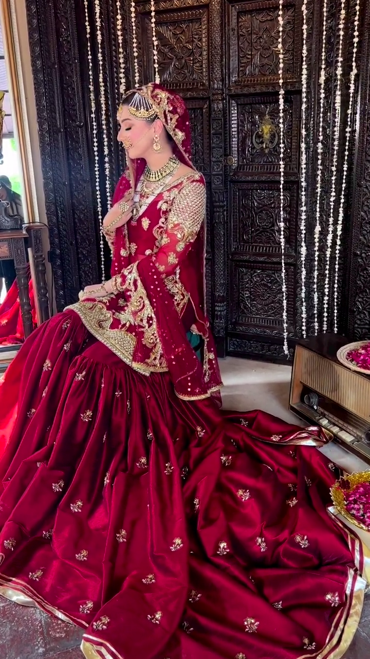 Designer Pakistani Nikaah Bridal Red Garara with kurti and handwork ...