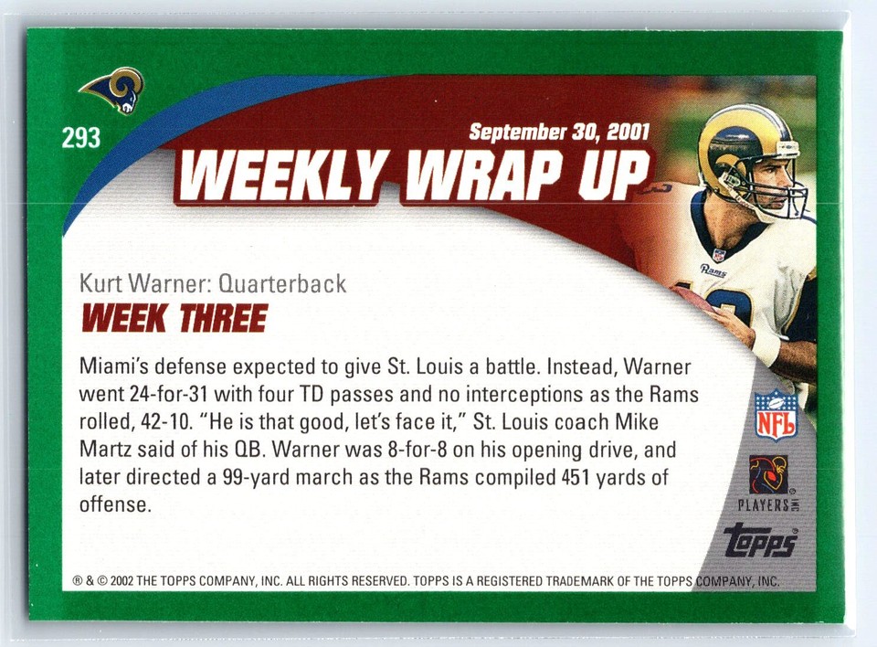 2002 Topps #293 Kurt Warner St. Louis Rams WW | eBay