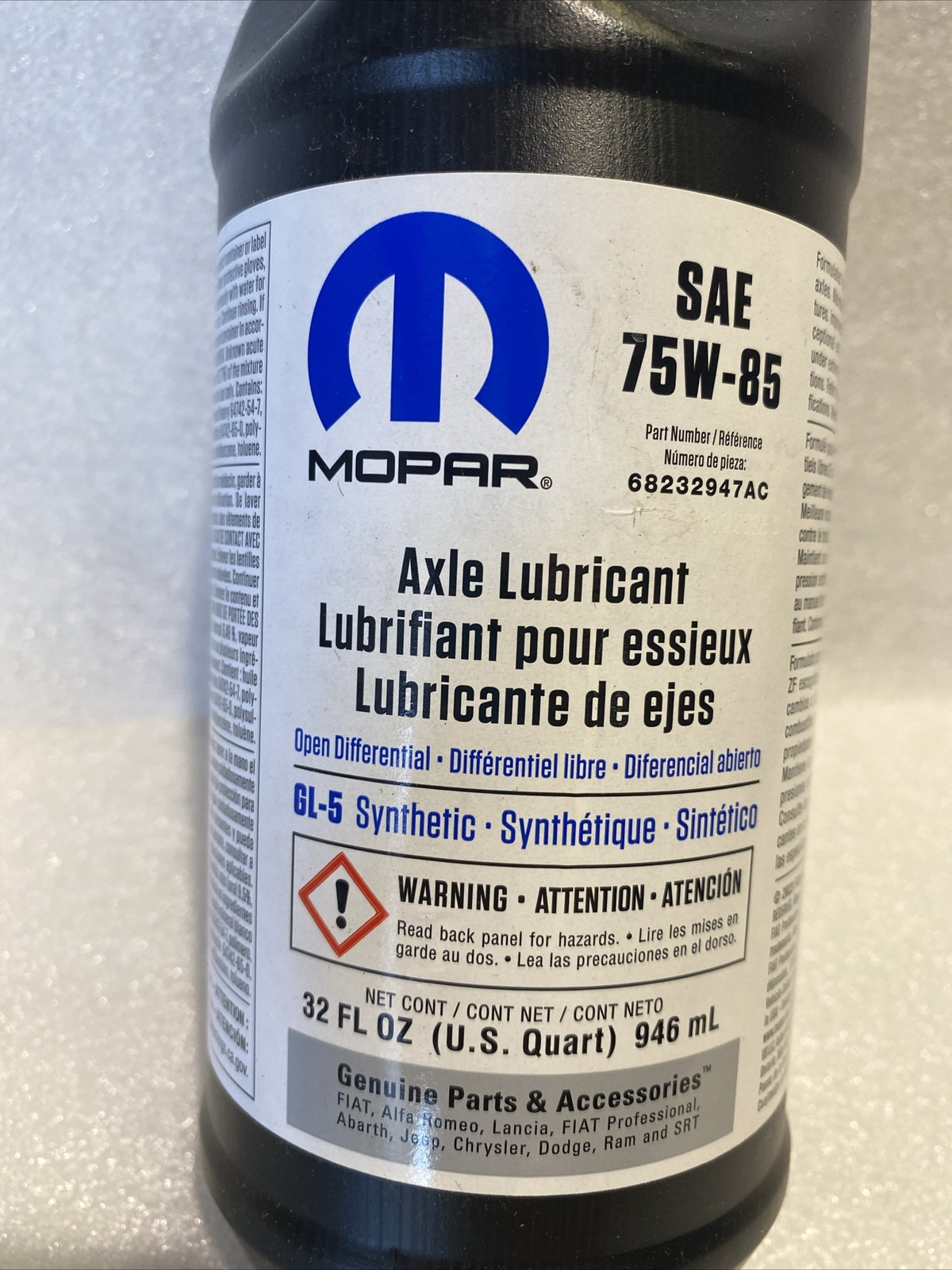 Genuine Mopar Gear Lubricant 68232947AC One Bottle Quart for sale ...