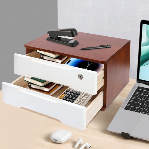 2 Tiers Desktop Storage Cabinet Drawers Wooden Tabletop Organizer Box ...