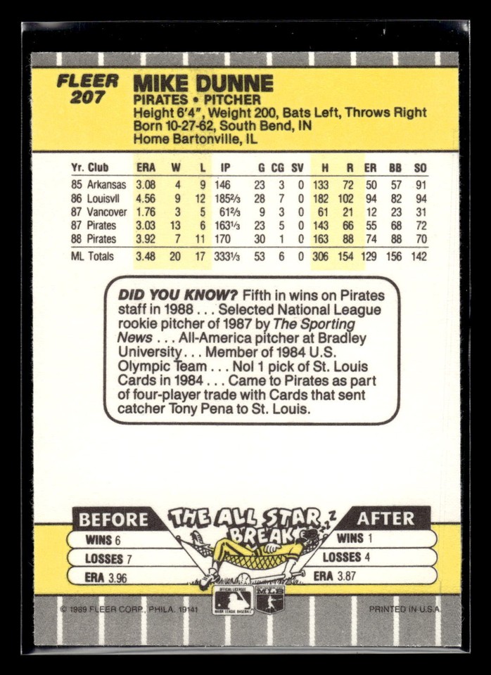 1989 Fleer Baseball #207 Mike Dunne Pittsburgh Pirates Pack Fresh Mint+ ...