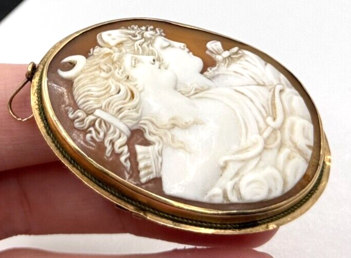 Large Antique 10k Yellow Gold Goddess Diana & Apollo Shell Cameo Brooch ...