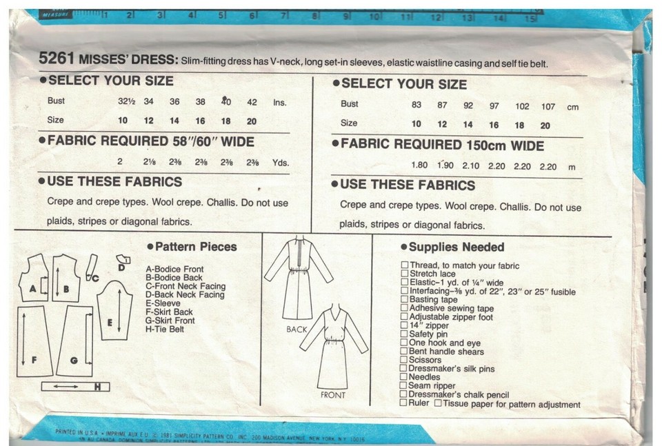 5261 Vintage Simplicity Sewing Pattern Misses Slim Fitting V Neck Dress ...