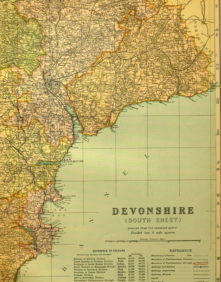 1899 Carte Sud Devonshire Totnes Dartmouth Torquay Exeter Tavistock ...