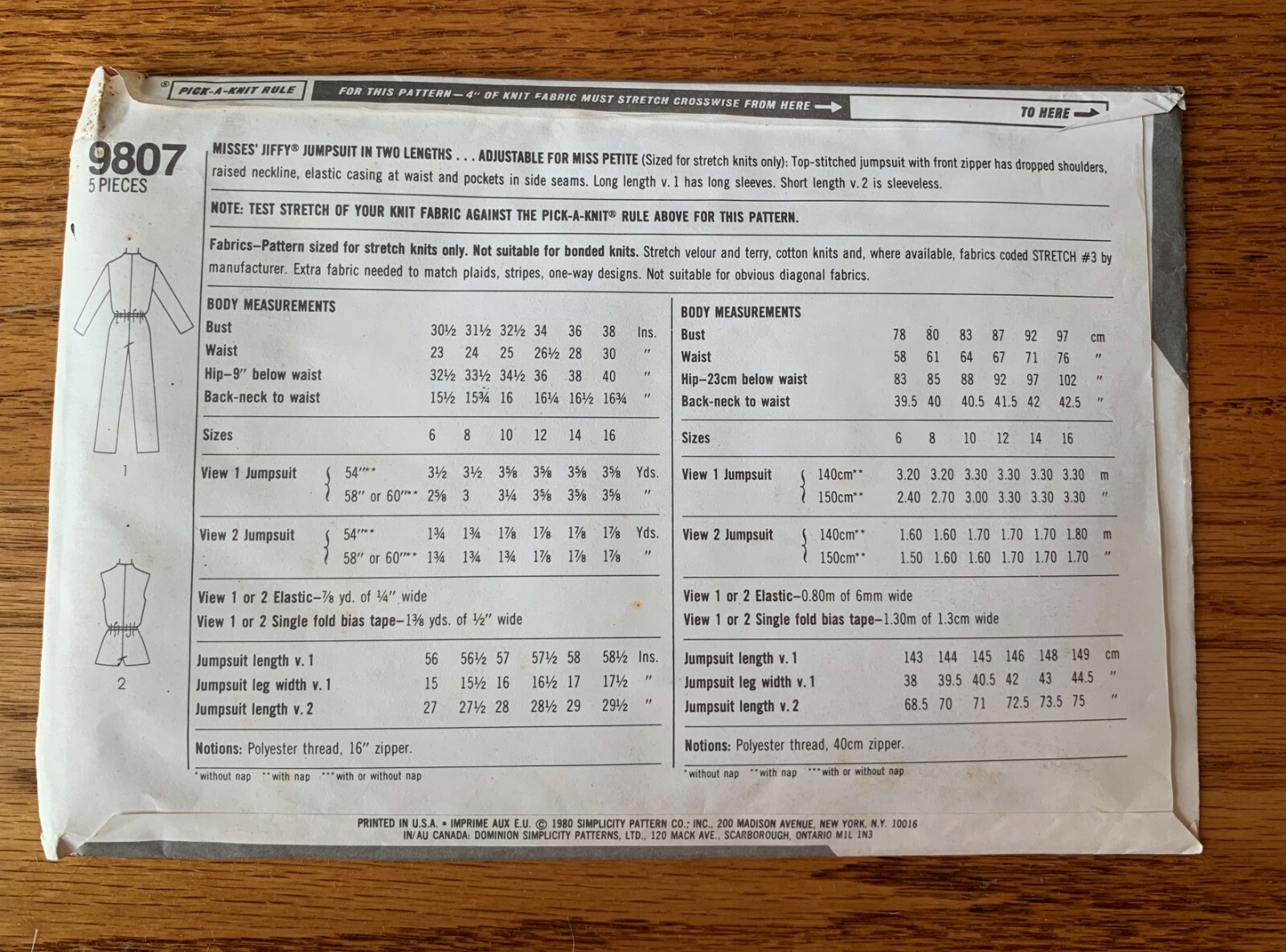 Simplicity sewing pattern 9807 Jiffy stretch knit jumpsuit miss 12 1980 ...