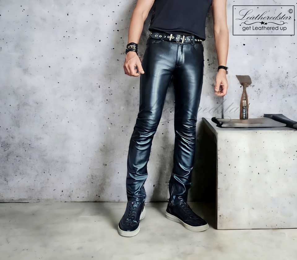 Black super Skintight super skinny leather jeans fits tight causal wear ...