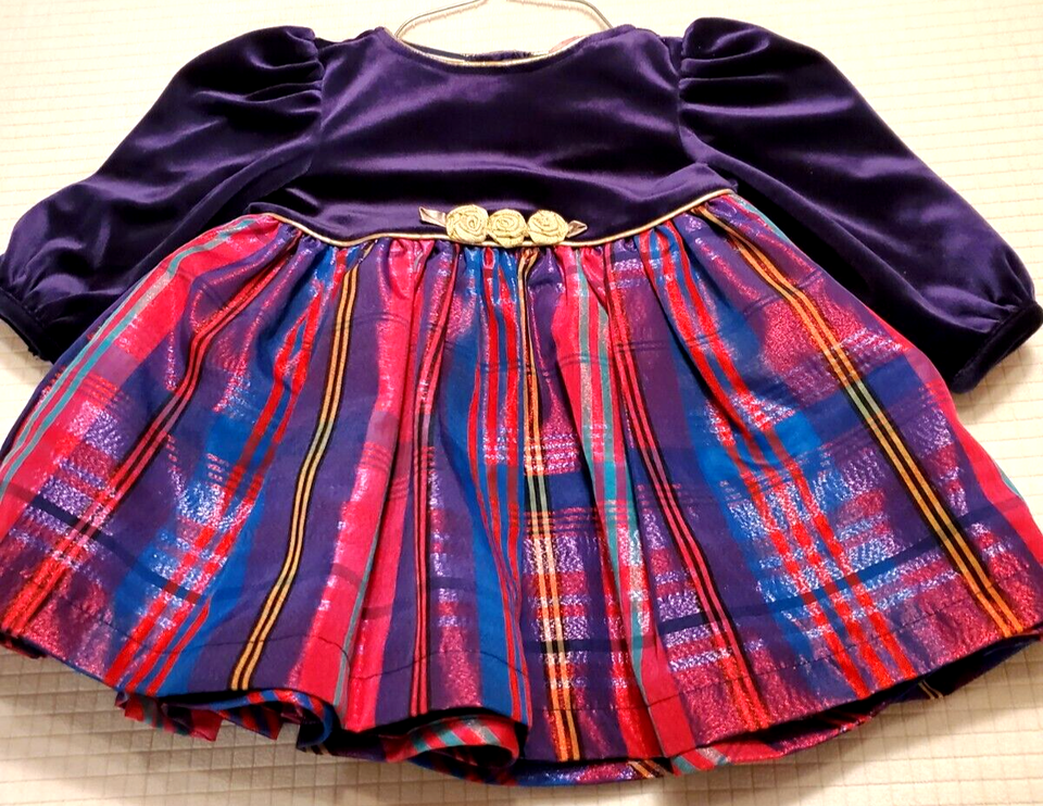 Rose Cottage Baby Girl's Sz 12M Dress Blue Velvet Top red Plaid Skirt ...