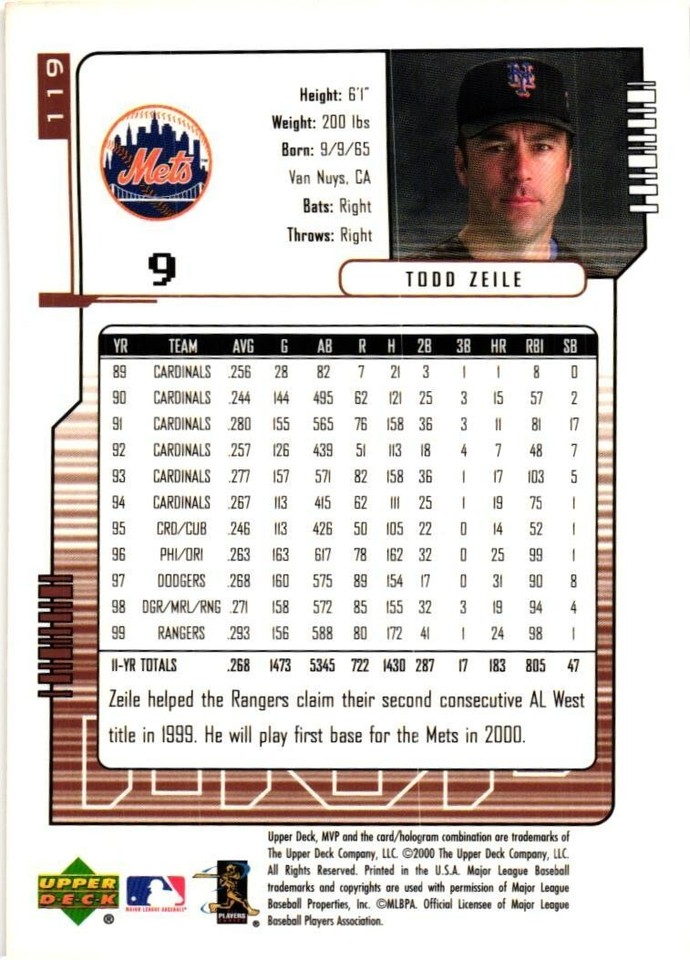 2000 UPPER DECK MVP TODD ZEILE BASEBALL #119 CARD $0.99 VALUE BOX | eBay