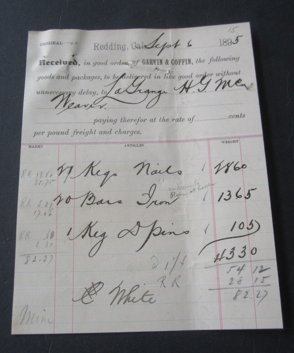 Old 1895 REDDING CA. - Receipt Document - GARVIN & COFFIN - to La ...