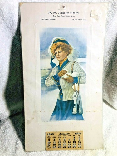 1909 DRUG STORE CALENDAR RUTLAND VERMONT PINUP A WINTER GIRL GERLACH ...