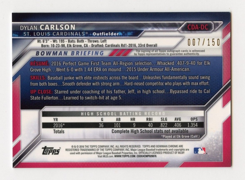 2016 Bowman Chrome Dylan Carlson Blue Refractor RC Auto /150 Autograph ...