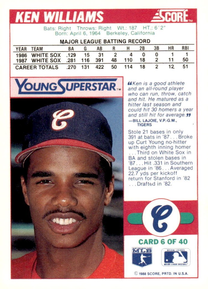 1988 Score #6 Ken Williams Young Superstars Series I | eBay