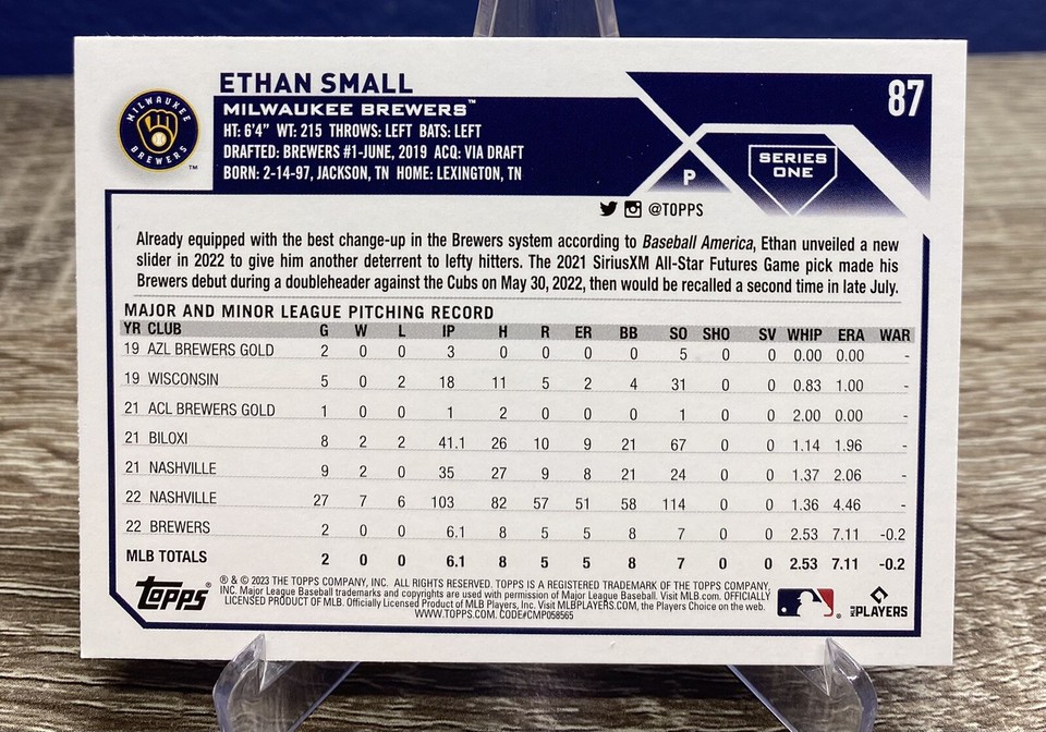 Ethan Small 2023 Topps Series 1 Rookie Milwaukee Brewers #87 MLB MNT/NM ...