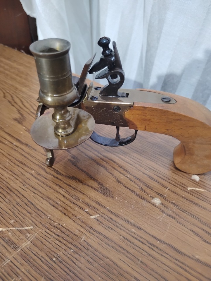 Vintage Old Flintlock Tinder Box Pistol Gun Candle lighter Wood Brass ...